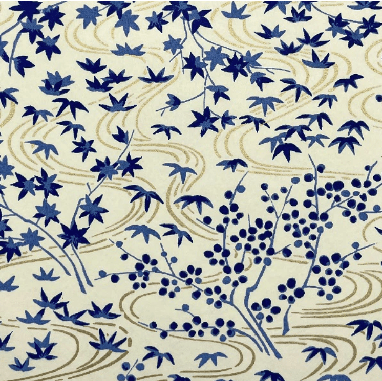 Japanese Yuzen Chiyogami Washi Paper (Y0010) – Blue & Gold Autumn Leav ...