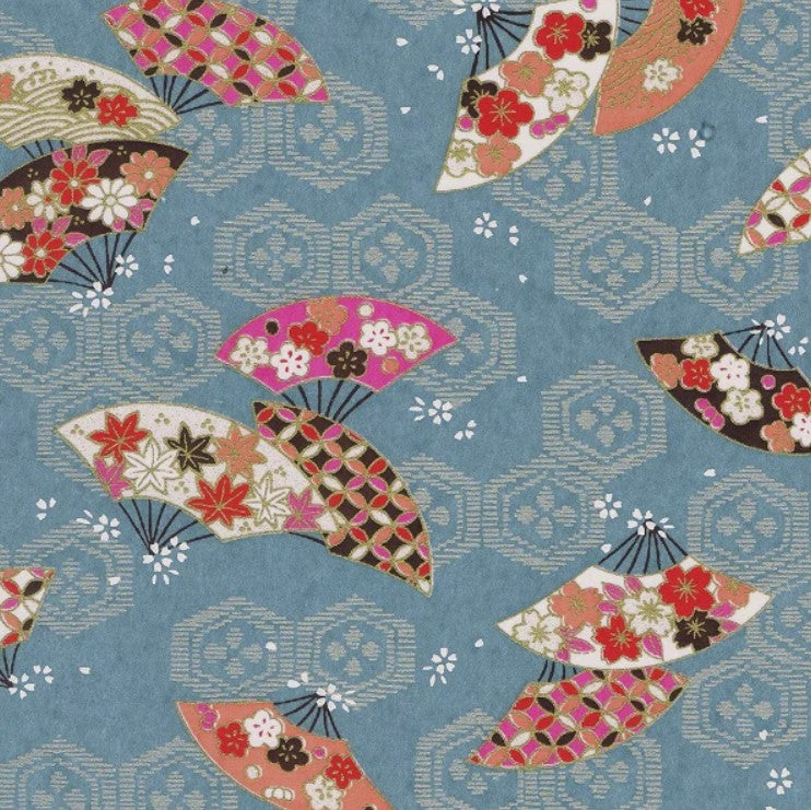 Japanese Yuzen Washi Paper - Chiyogami Fans on Blue - Chiyogami Paper ...