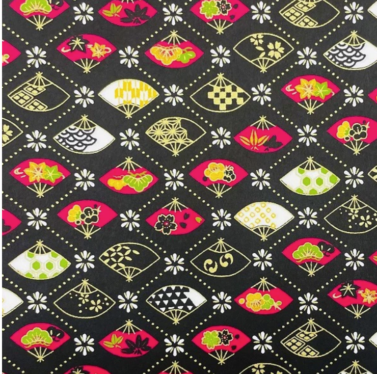 Japanese Yuzen Paper Y0151 - Fans on Black - With Gold Accent for orig ...