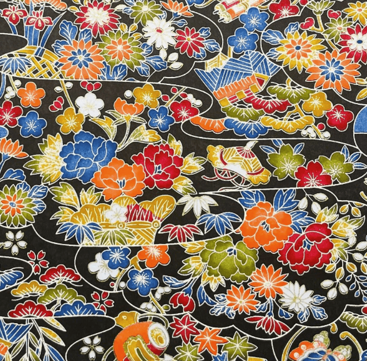 Japanese Yuzen Chiyogami Washi Paper (Y0842) – Vibrant Floral on Black ...
